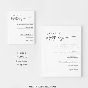 Coffee Bar Menu, Love is Brewing, Espresso, Latte, Minimalist Wedding ...