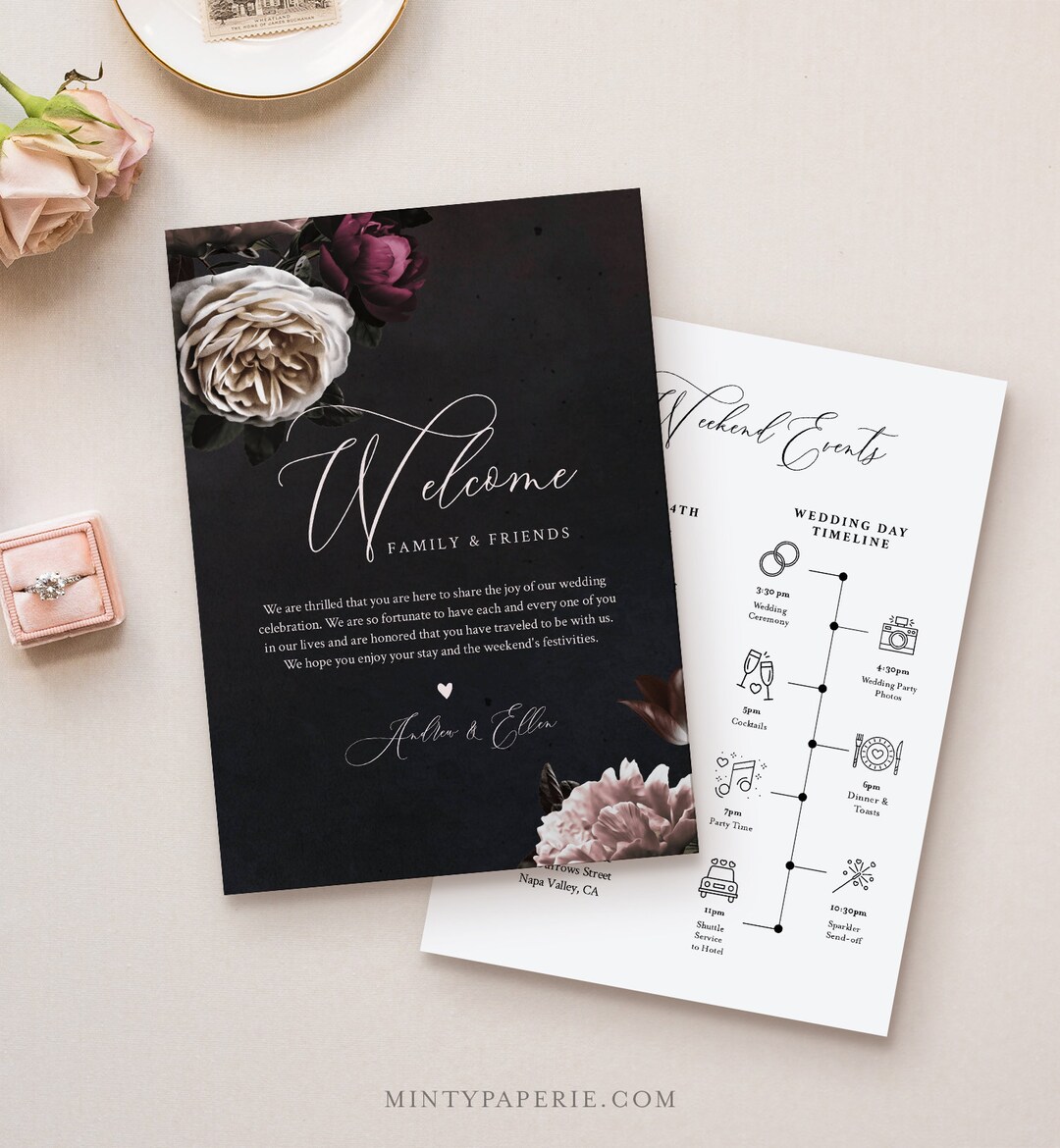 Welcome Letter & Timeline Template, Vintage Moody Florals, Wedding Bag ...