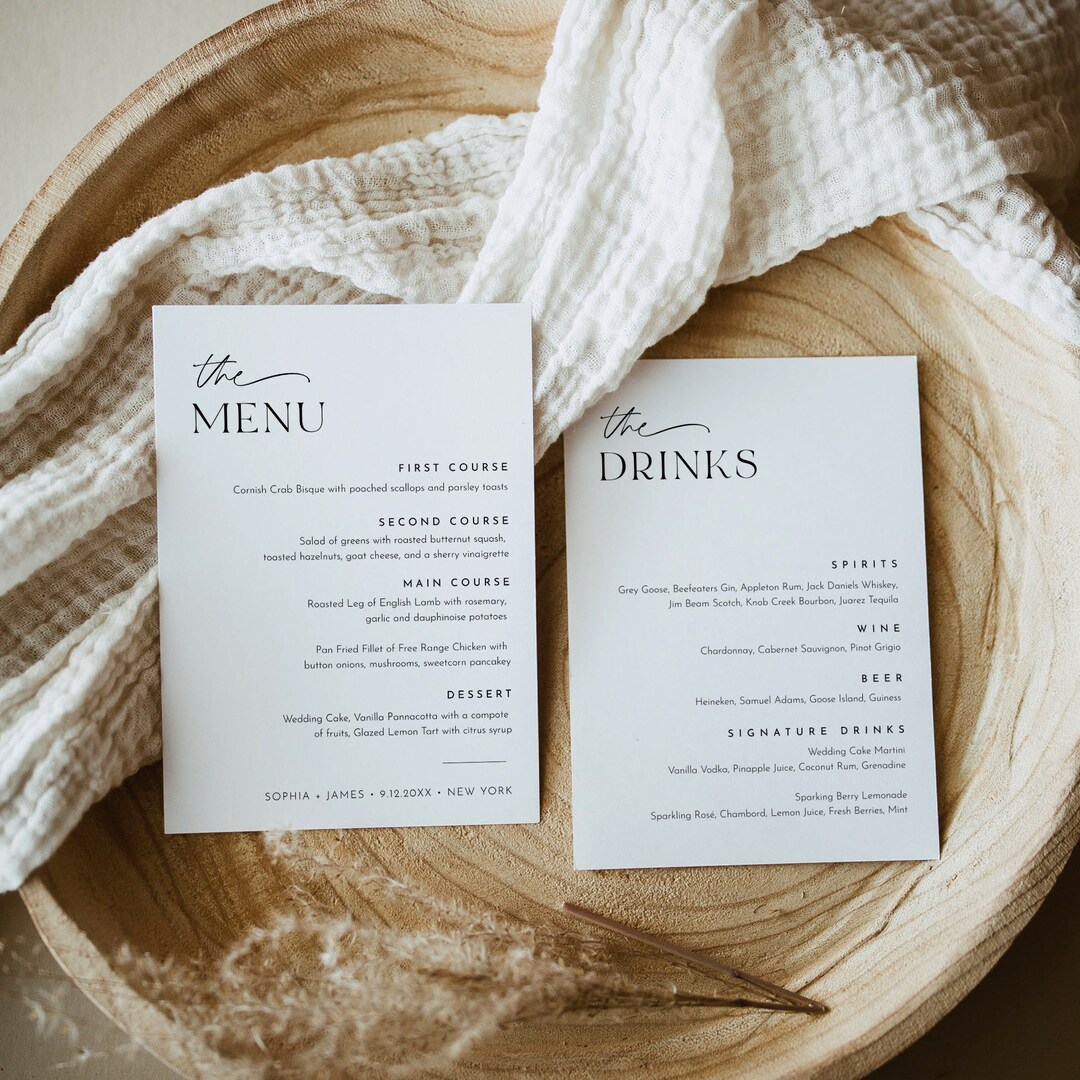 Dinner and Drink Menu Template, Printable Modern Wedding Reception/ Bar ...