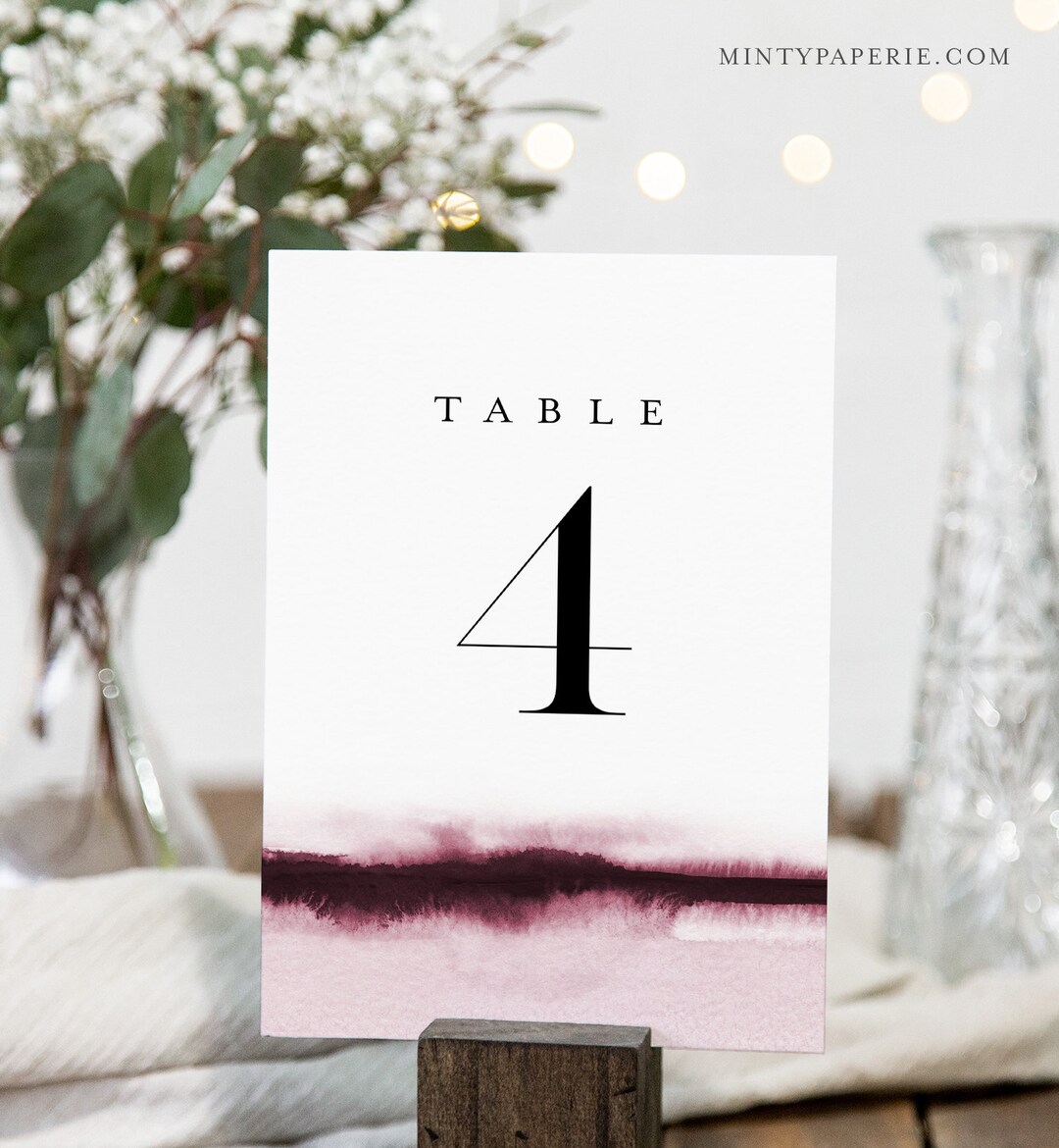 Watercolor Table Number Card Template, Burgundy Wine Wedding Table ...