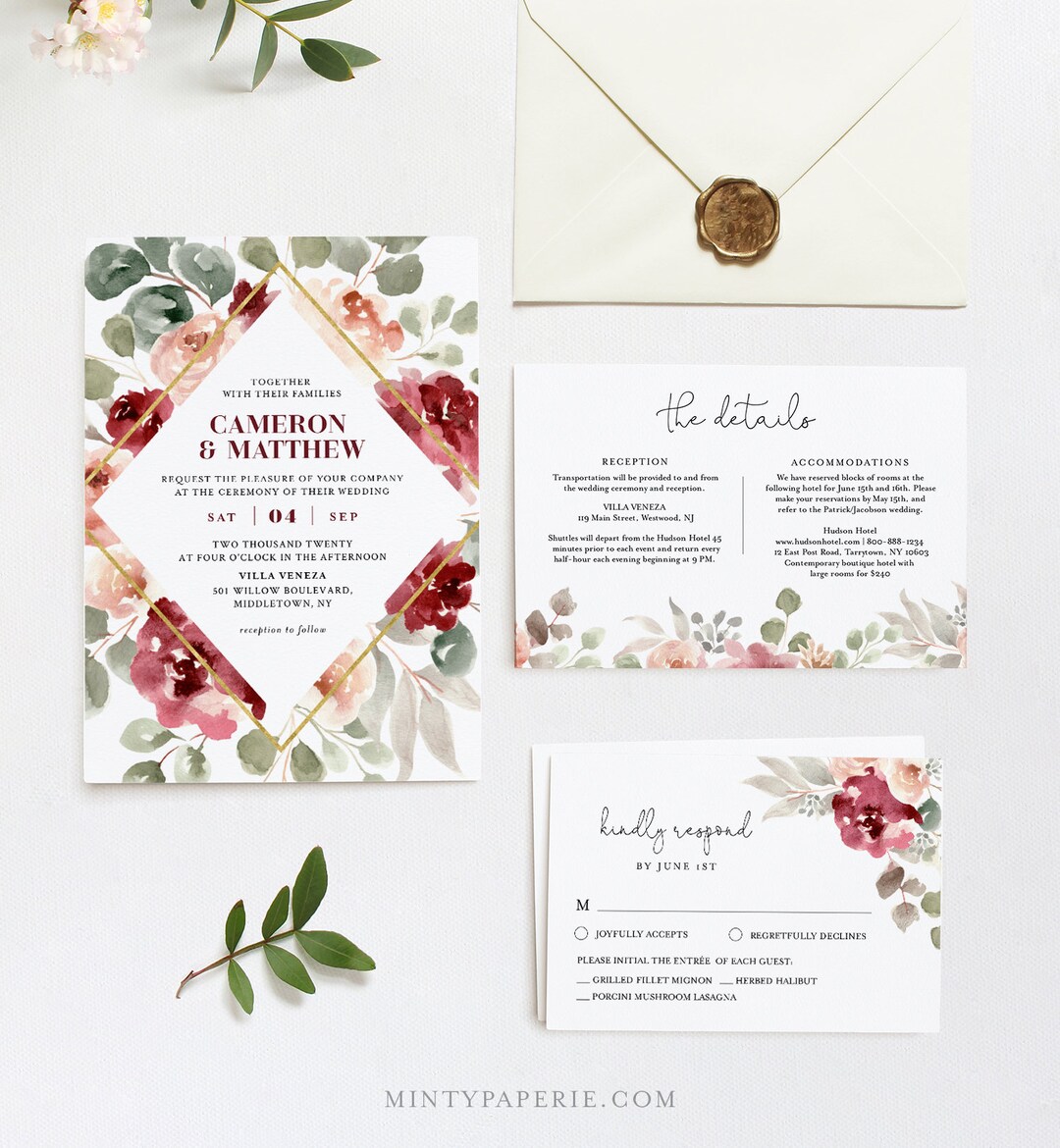 Boho Wedding Invitation Template, Printable Editable Invite, RSVP and ...