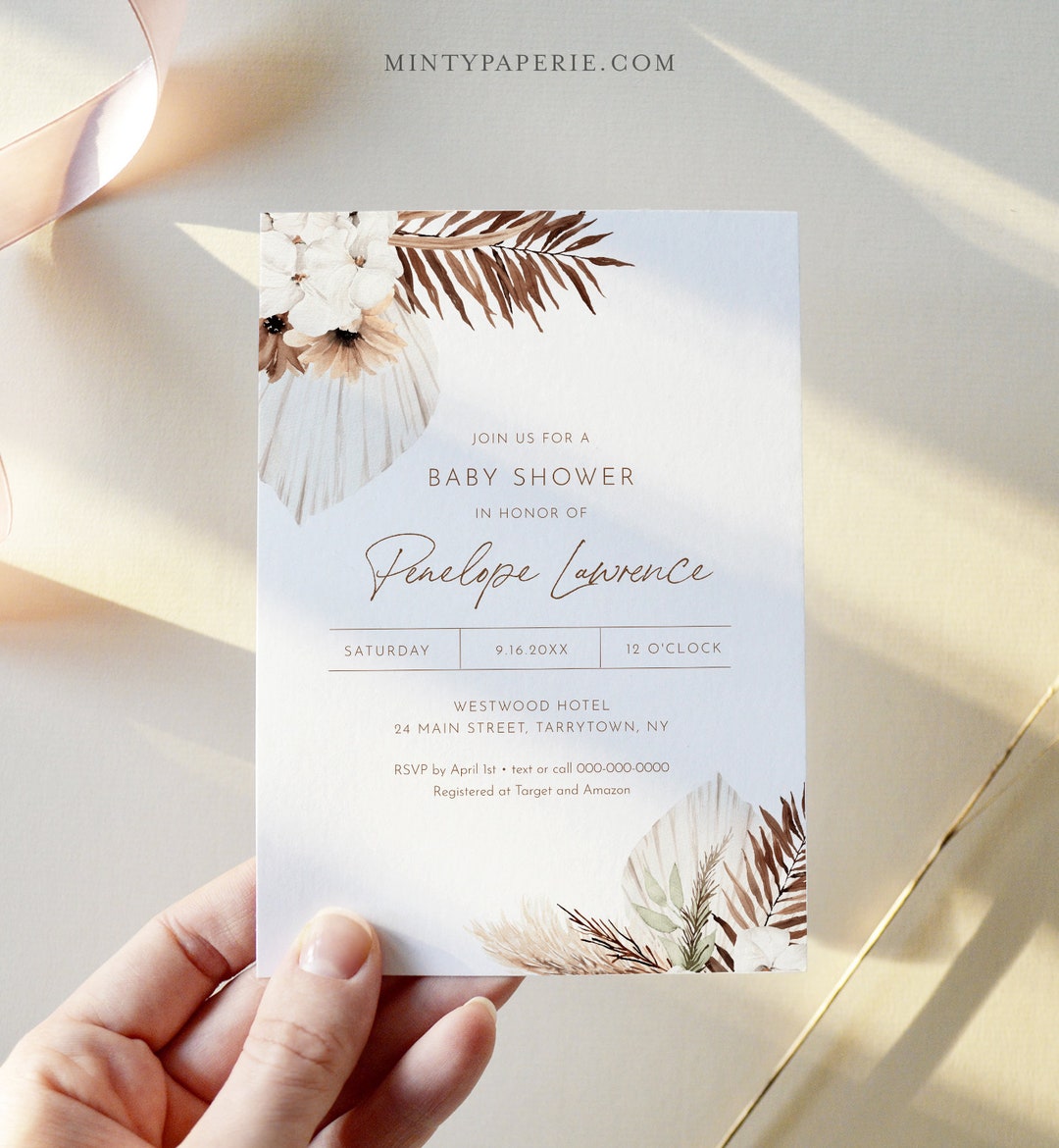 Bohemian Baby Shower Invitation, Baby Shower Invite, Boho, Pampas ...
