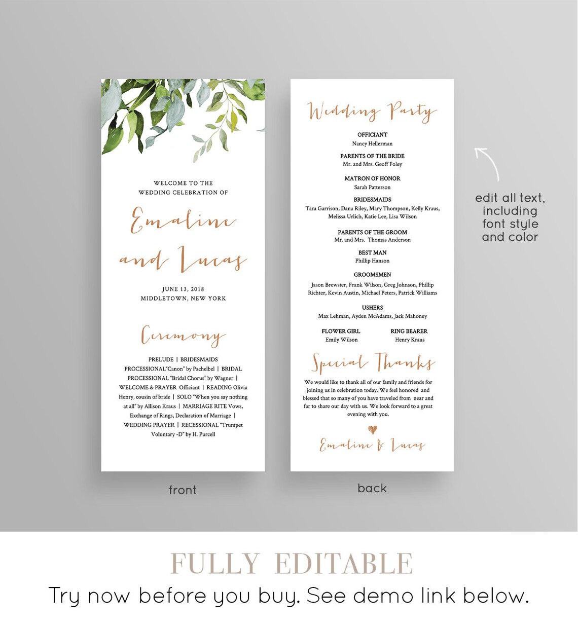 Printable Wedding Program Template Order of Service Instant | Etsy