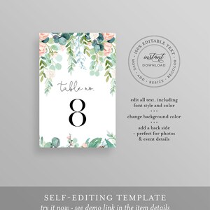 Lush Garden Table Number Card Template, Greenery Wedding Table Number ...