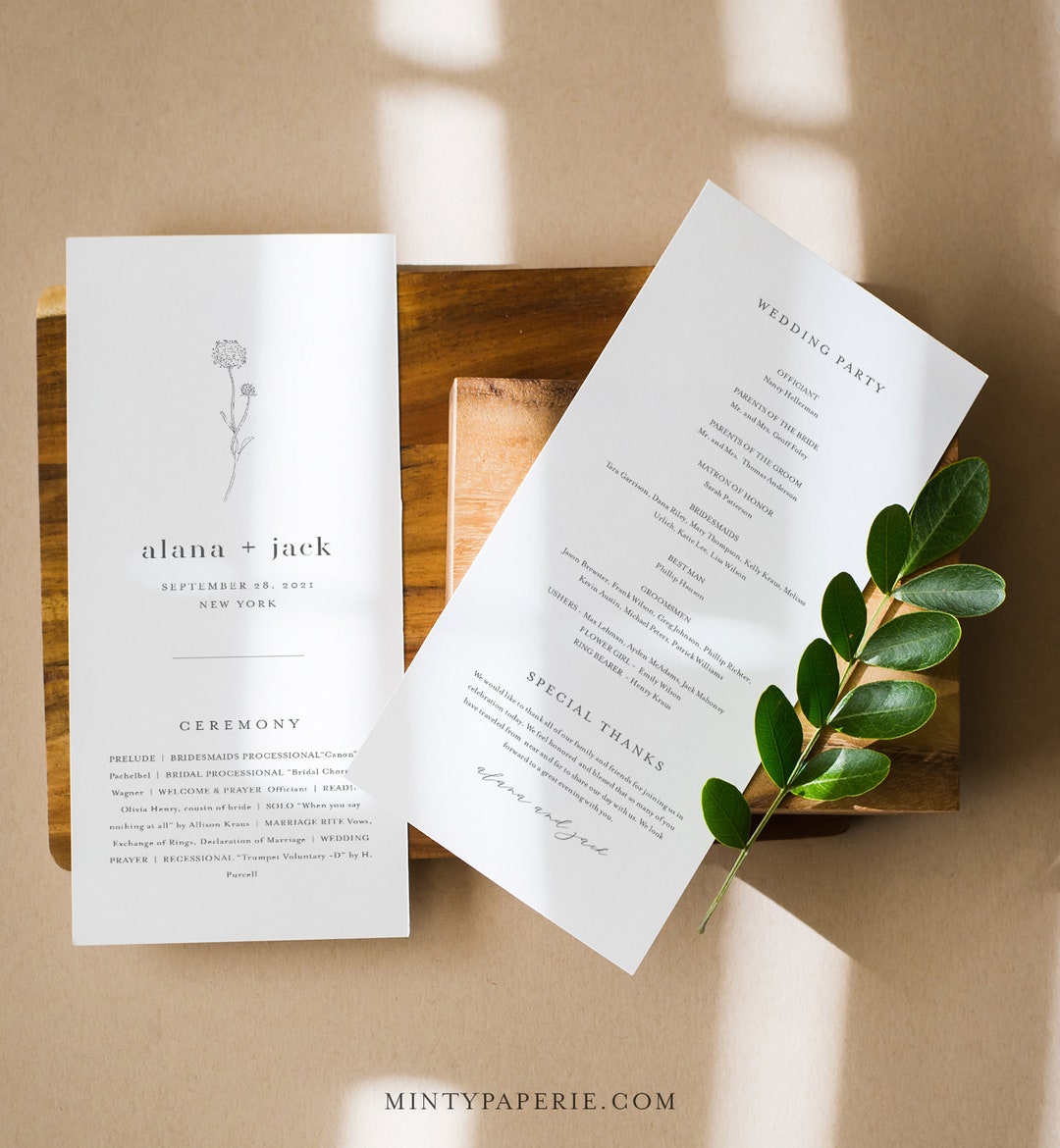 Dandelion Wedding Program Template, Instant Download, Minimalist Simple ...