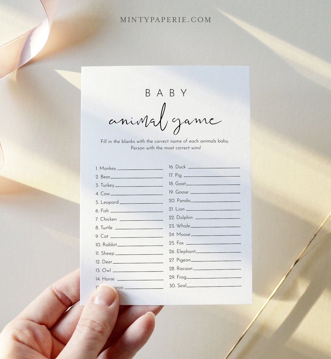 Baby Animal Game, Printable Minimalist Baby Shower Game, Editable ...
