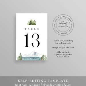 Lake Table Number Cards, Printable Mountain Pine Wedding Table Number ...