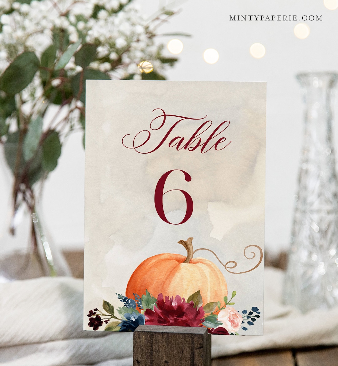 Pumpkin Table Number Card Template, Printable Thanksgiving Table Number ...
