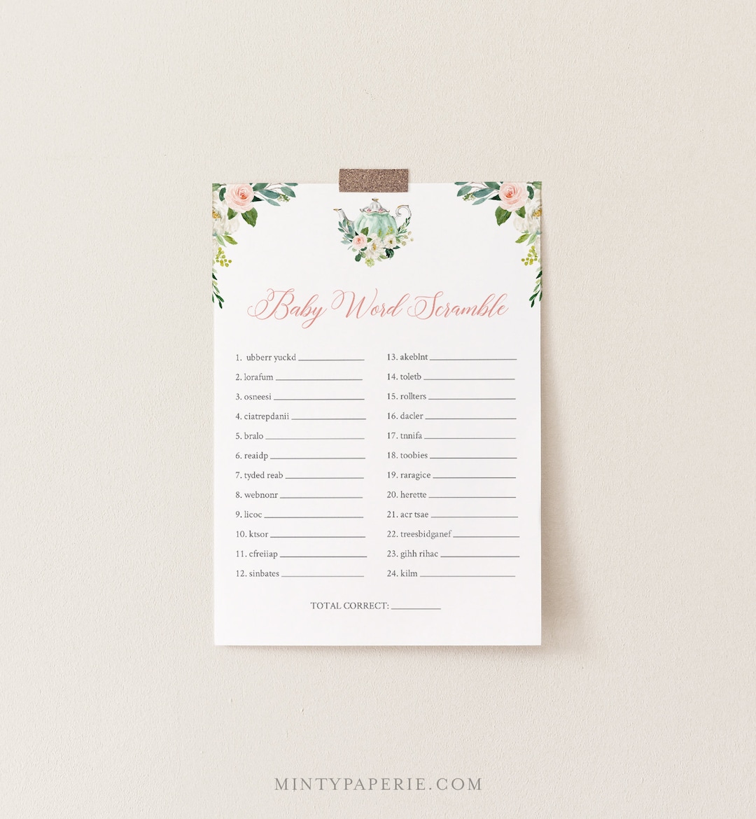 Baby Word Scramble Game, Printable Baby Word Puzzle, Tea Party Baby ...