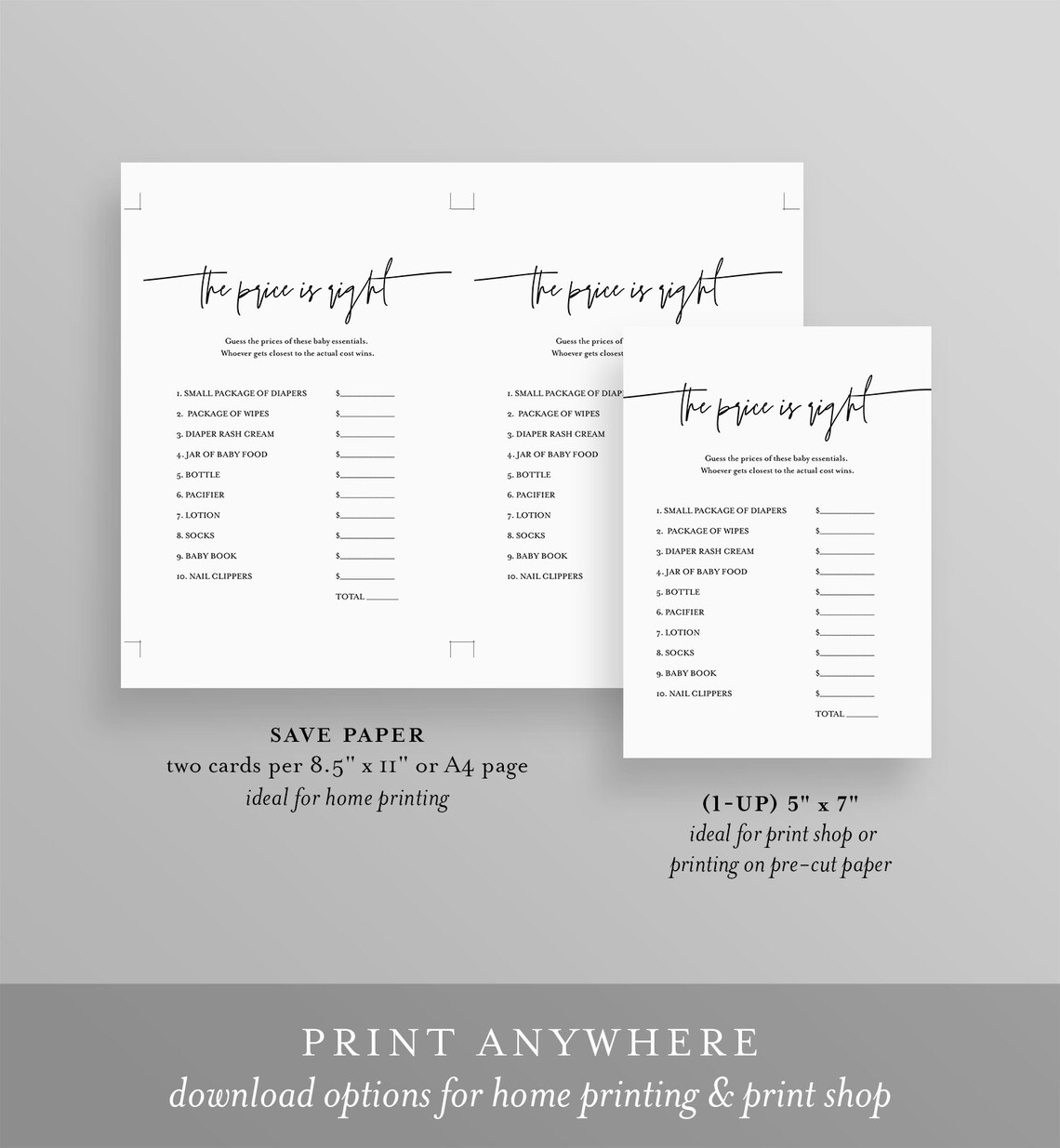 The Price is Right Game Template, Printable Minimalist Baby Shower Game ...
