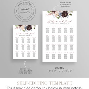 Floral Seating Chart Template, Printable Boho Wedding Seating Sign, 100 ...