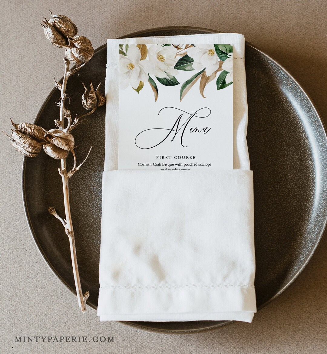 Magnolia Menu Template, Southern Wedding Menu Card, Printable DIY ...