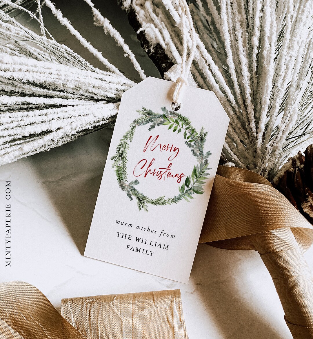 Holiday Gift Tag Template, Printable Winter Wreath Favor Tag, Editable ...