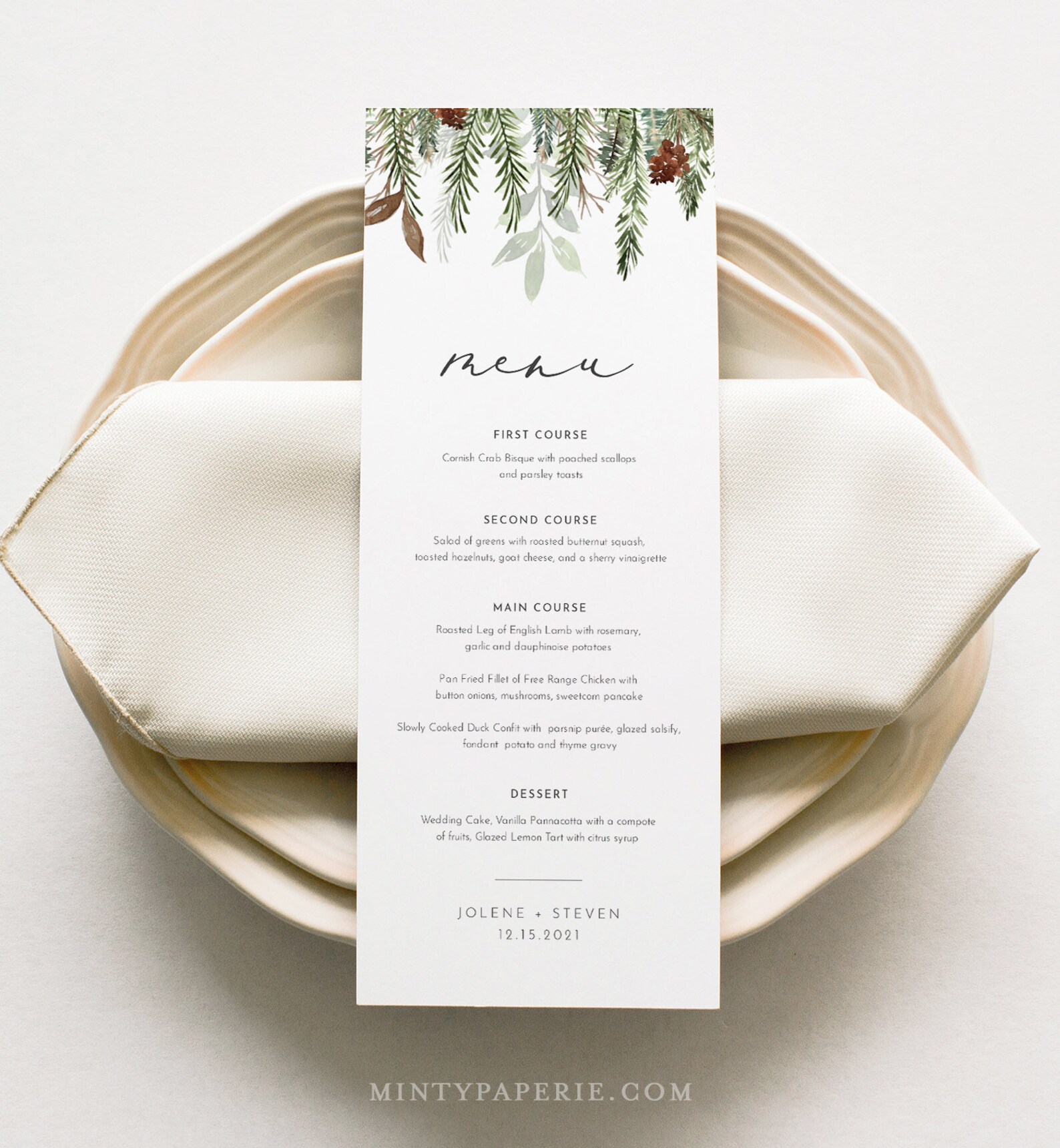 Winter Holiday Menu Template Printable Pine Wedding Menu | Etsy