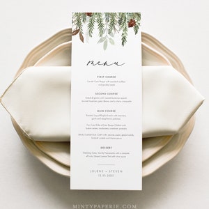 Winter Holiday Menu Template, Printable Pine Wedding Menu Card ...
