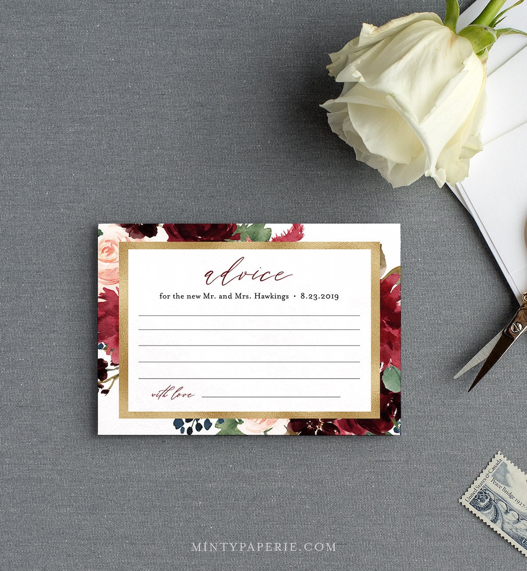 Advice Card Template, Wedding or Bridal Shower Well Wishes for Bride ...