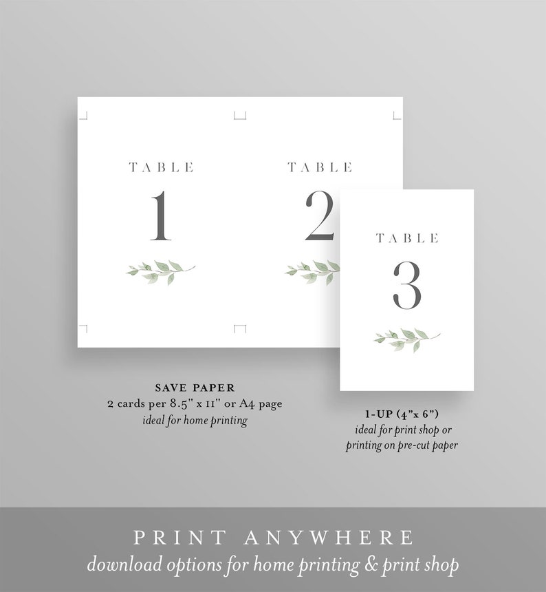 Greenery Table Number Card Template Minimalist Wedding Table - Etsy