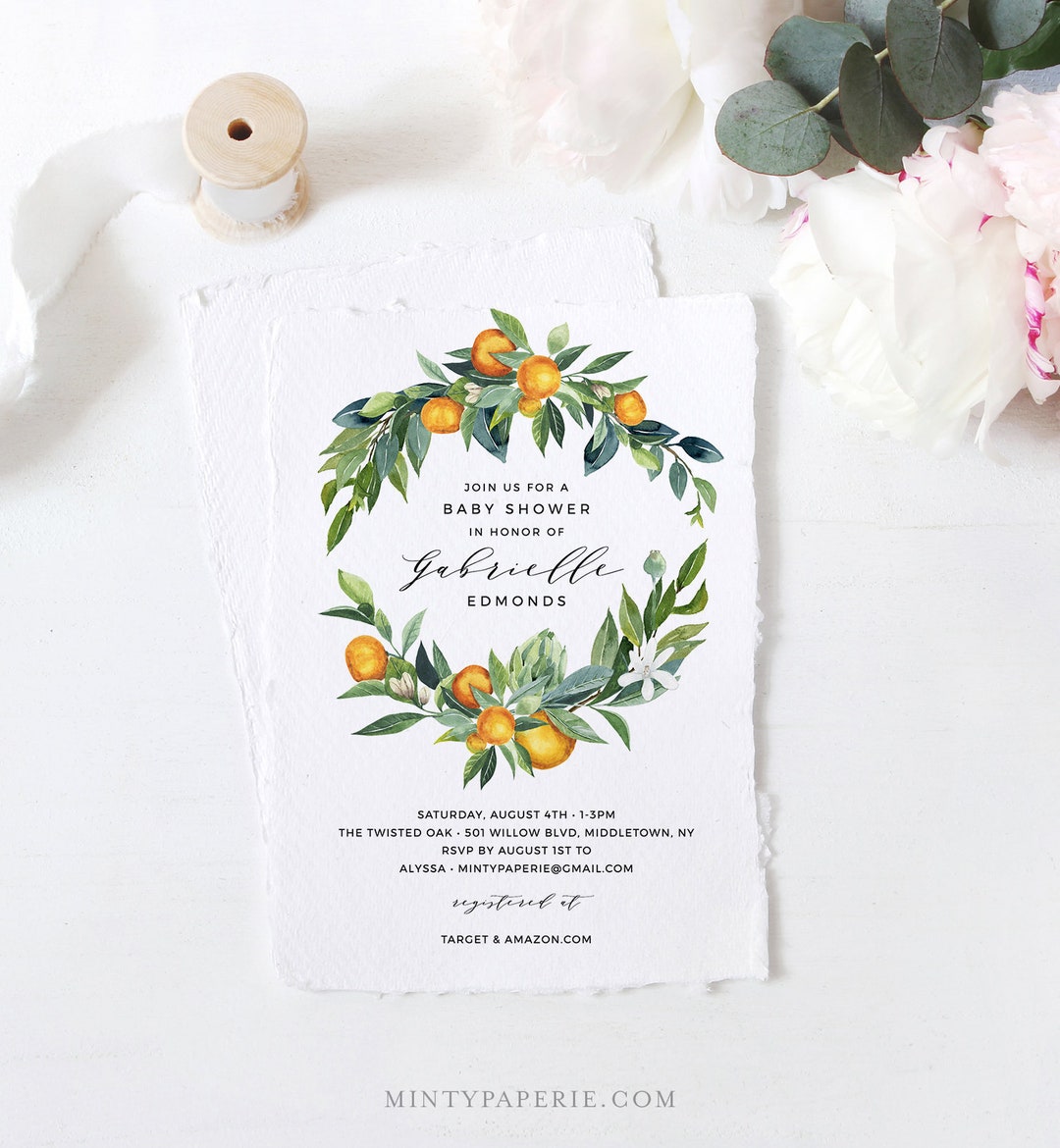Summer Baby Shower Invitation Template, Printable Orange Blossom Baby ...