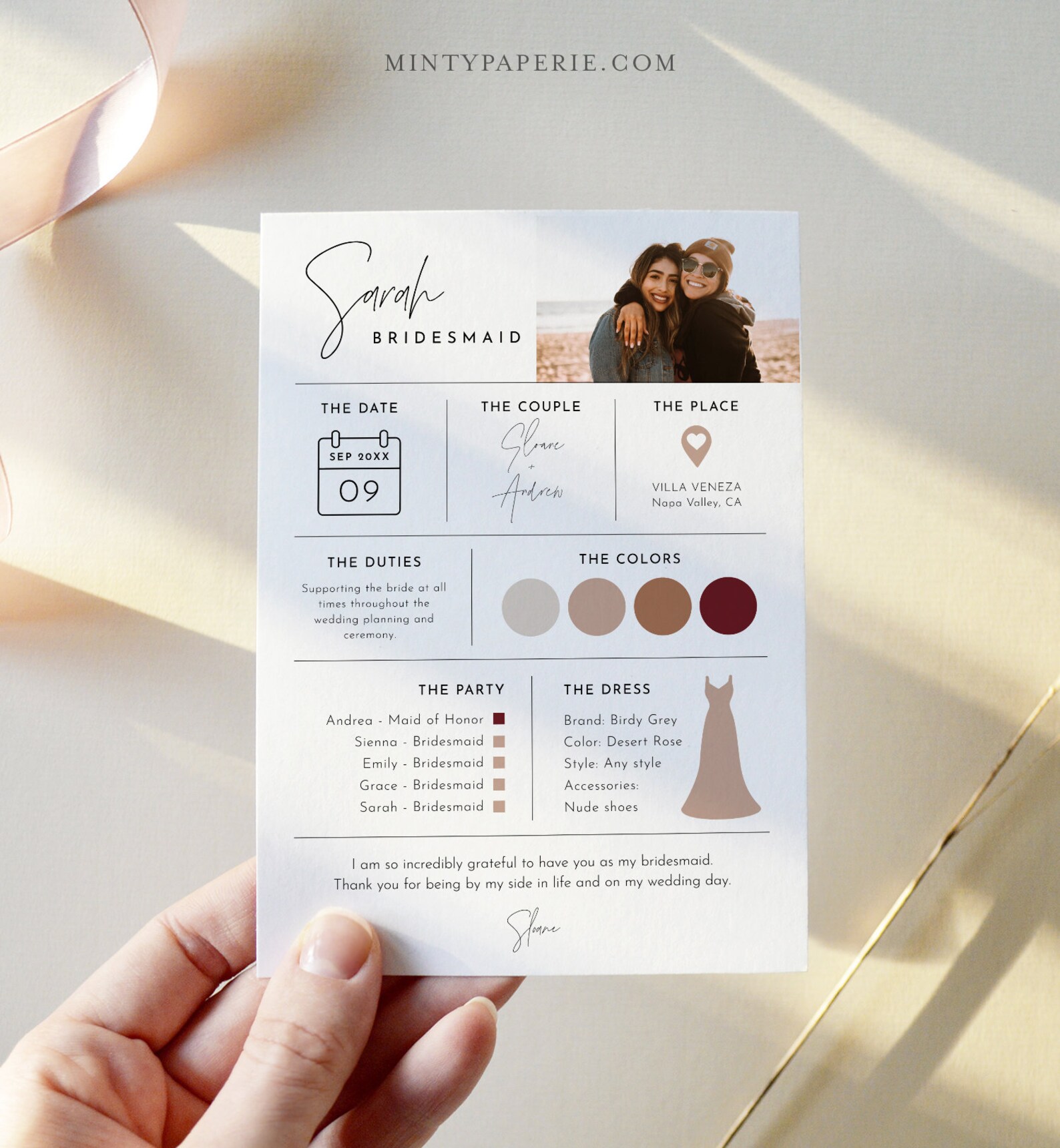 Bridesmaid Info Card Template, Photo Bridal Party Info Card, Modern ...
