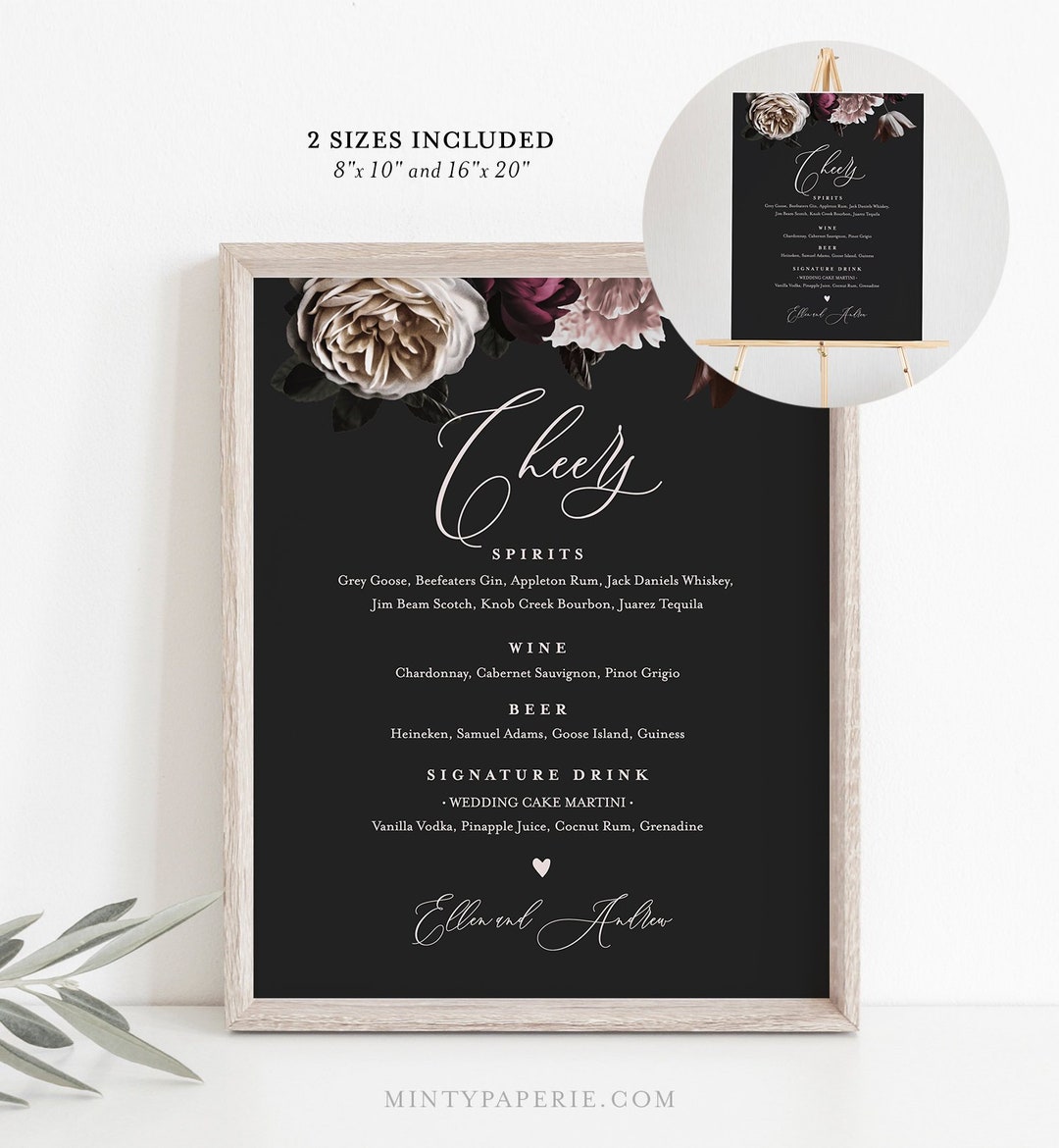 Bar Menu Sign Template, 100% Editable Text, Moody Floral, Printable ...