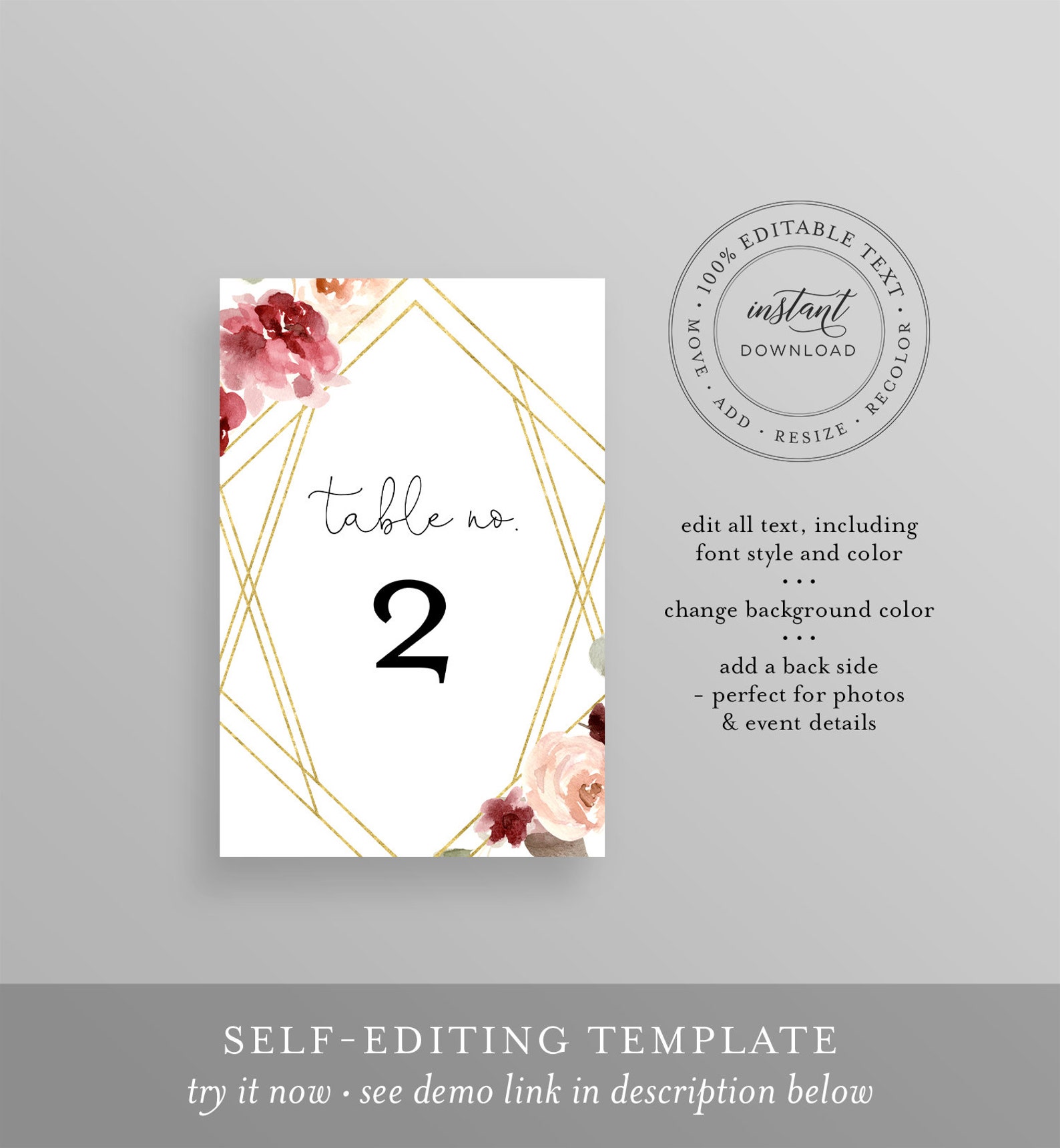 Boho Table Number Card Template Printable Burgundy Floral and - Etsy