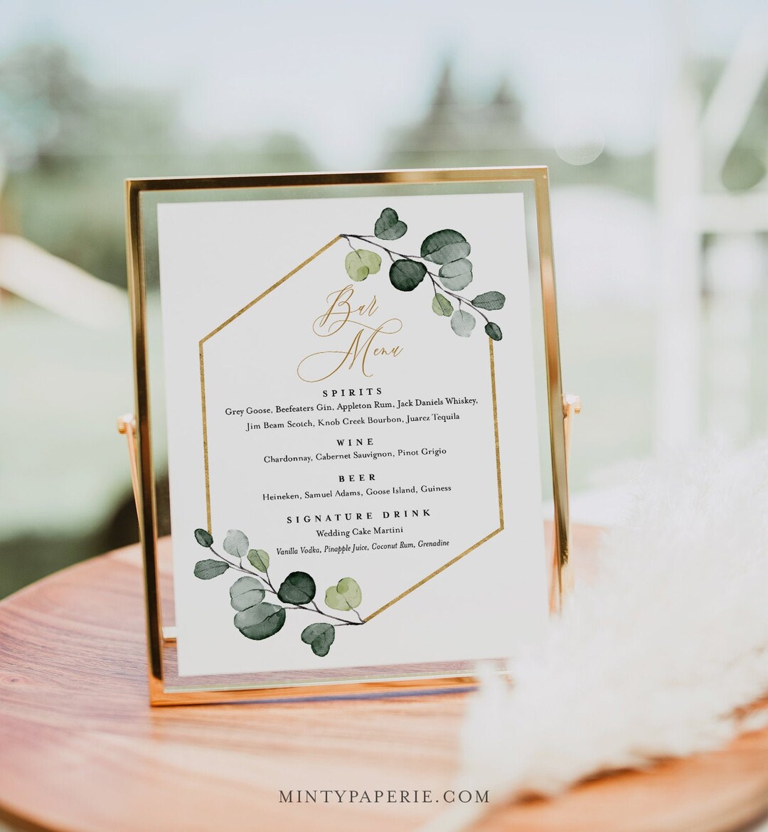 Greenery Bar Menu Sign, Printable Wedding Bar Menu, Alcohol Drinks Menu ...
