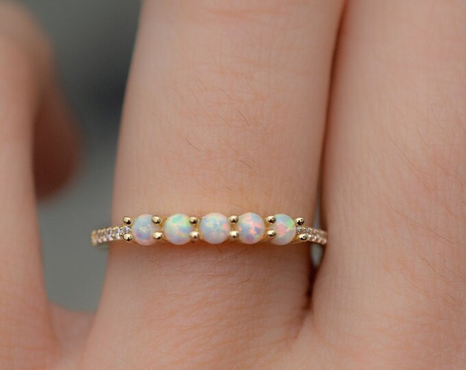 Dainty Opal Ring, Opal Stacking Ring, White Opal and CZ Ring, Gold Opal ...