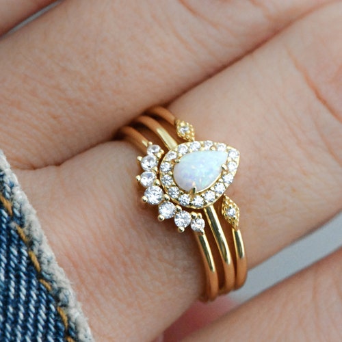 Opal Stacking Ring Set Dainty Opal Ring White Opal and CZ - Etsy