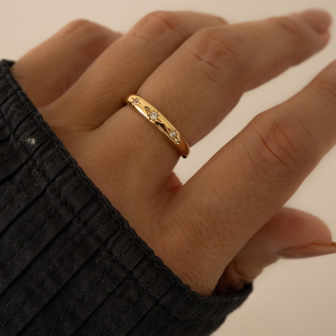 Thin Starburst Diamond Ring, Star Setting Celestial Ring, Gold Ring ...
