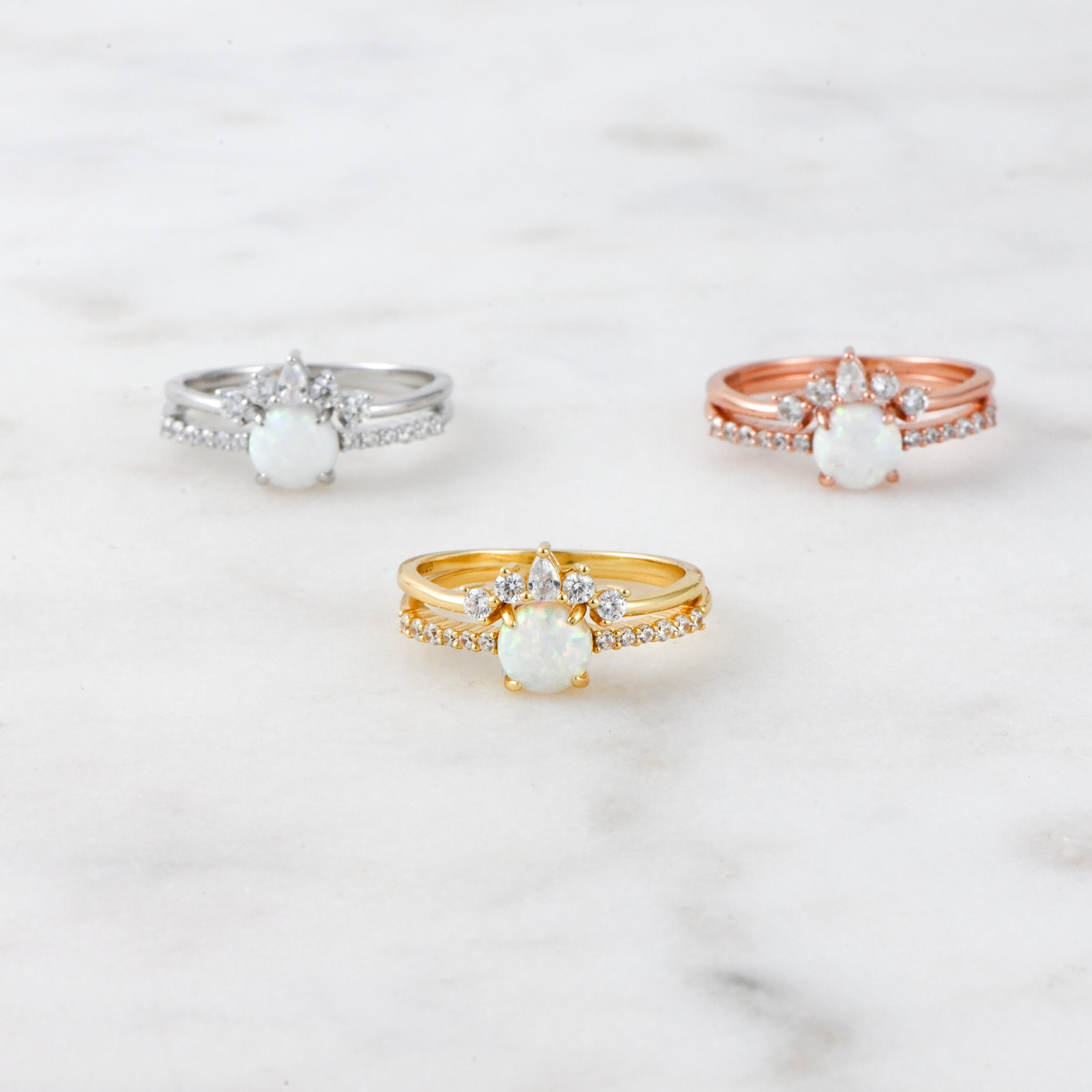 Opal Stacking Ring Set Dainty Opal Ring White Opal and CZ - Etsy