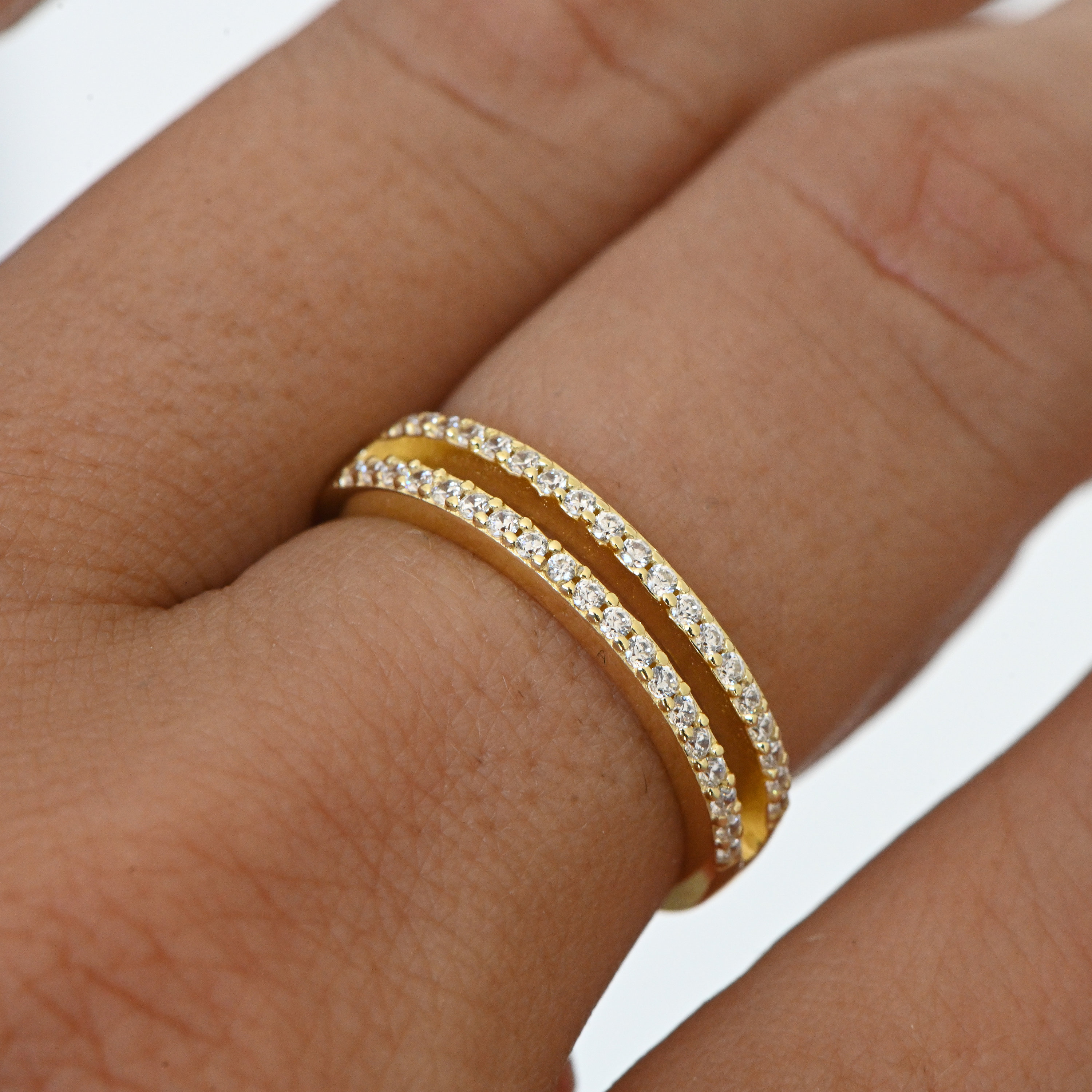 Double Band Ring, Stacking Ring, Diamond Ring, Gold Minimalist Ring ...