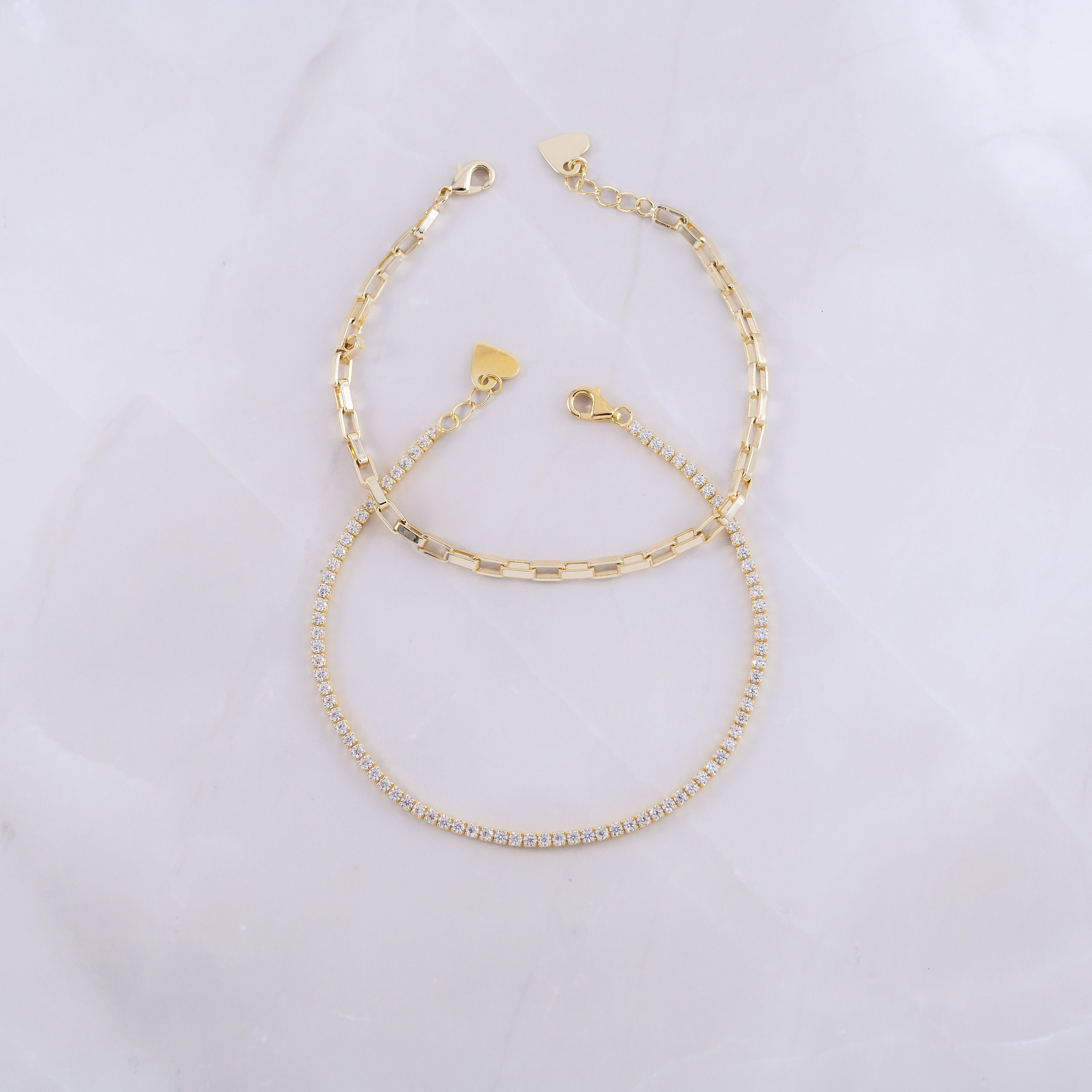 Two Bracelets Set, Tennis Bracelet and Paperclip Bracelet Set, Two ...