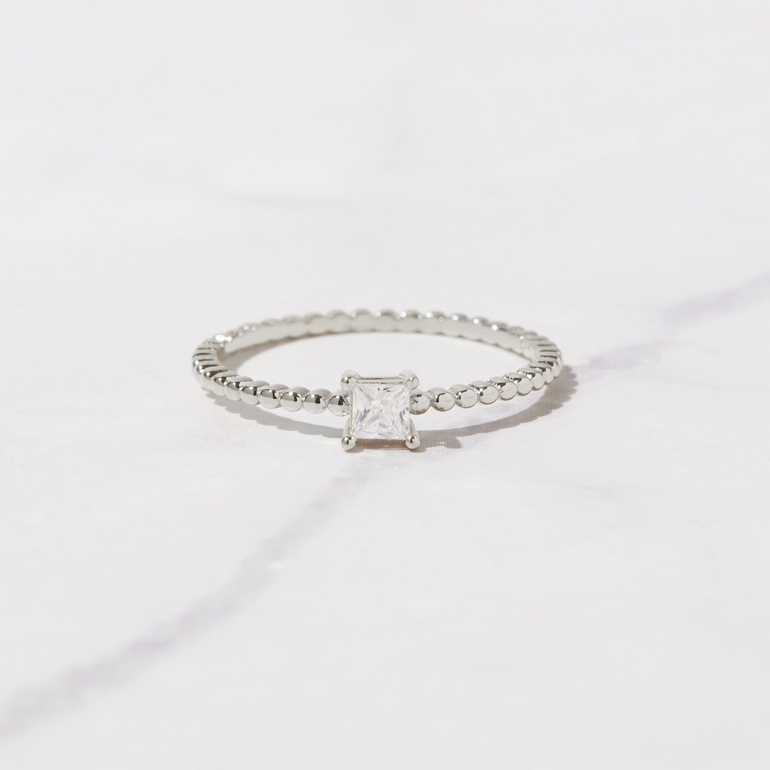 Princess Cut Ring, Promise Ring, Stacking Ring, Beaded Ring, Gold ...