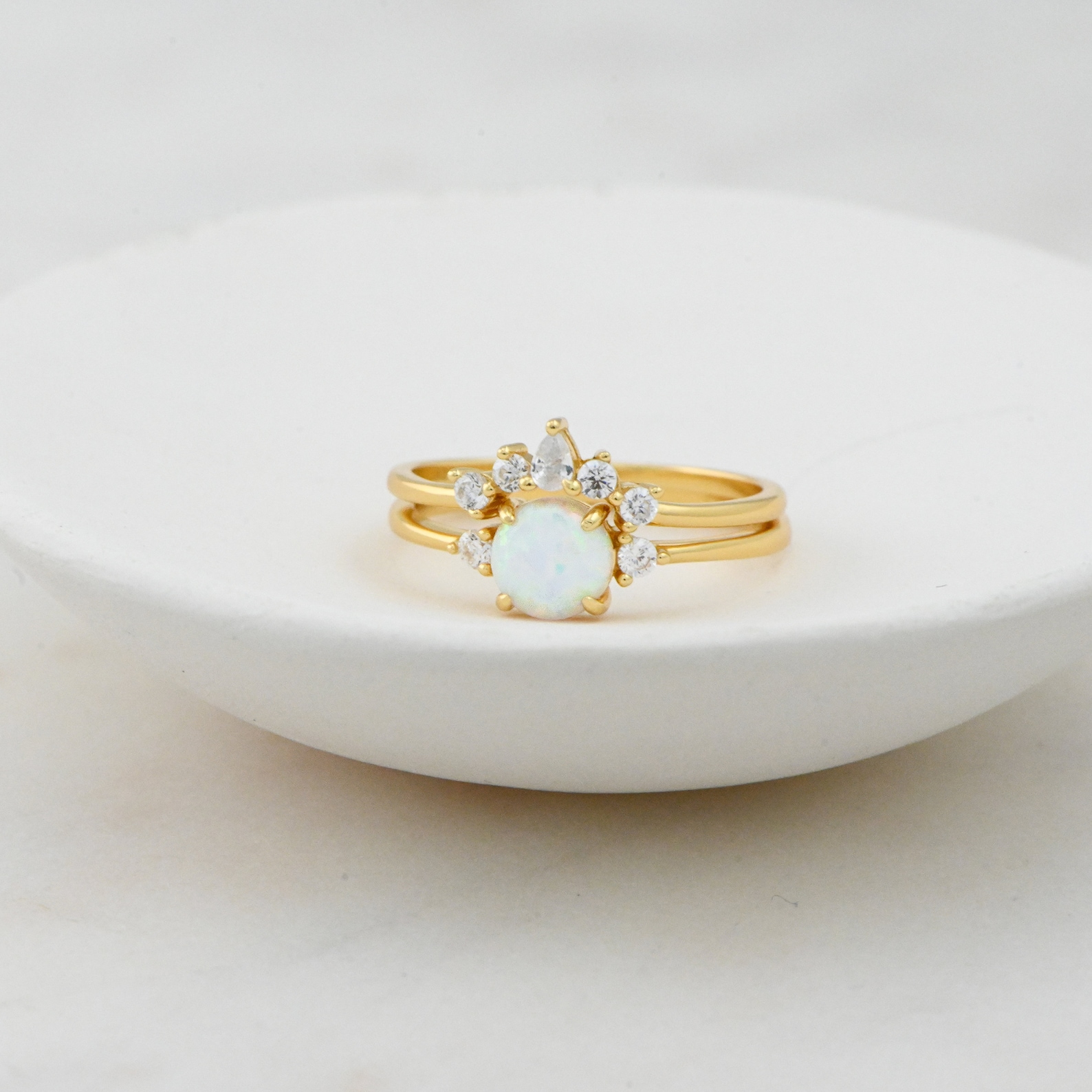 Opal Stacking Ring Set, Dainty Opal Ring, White Opal and CZ Ring, Gold ...