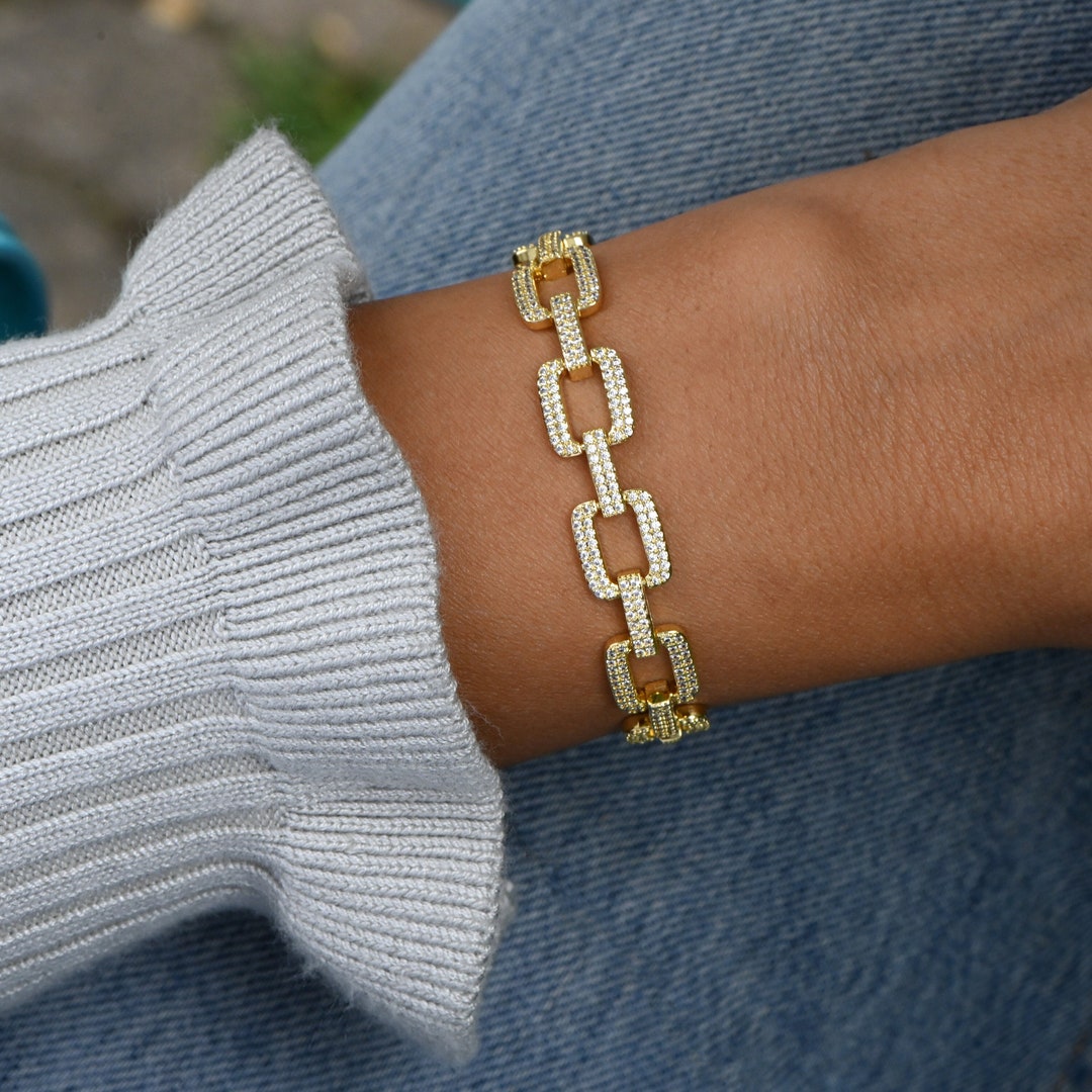 Pave Link Bracelet, Diamond Bracelet, Chain Link Bracelet, Stacking ...