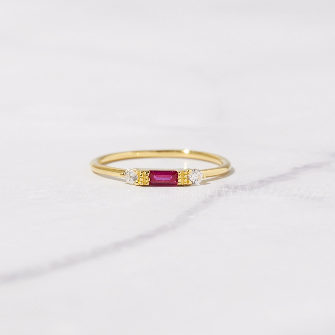 Ruby Dainty Baguette Stacking Ring, Gold Minimalist Ring, Simple Ruby ...