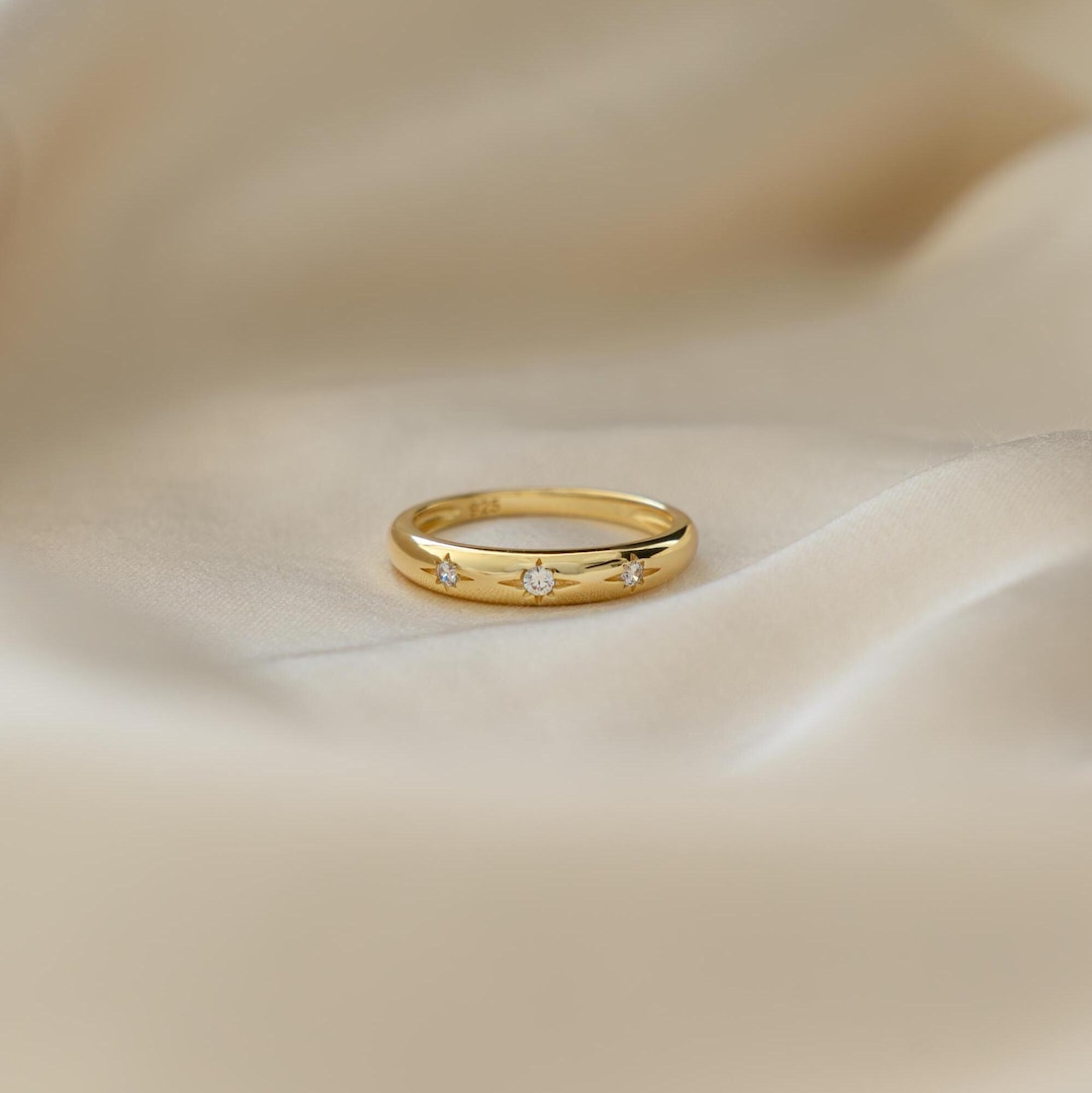 Thin Starburst Diamond Ring, Star Setting Celestial Ring, Gold Ring ...