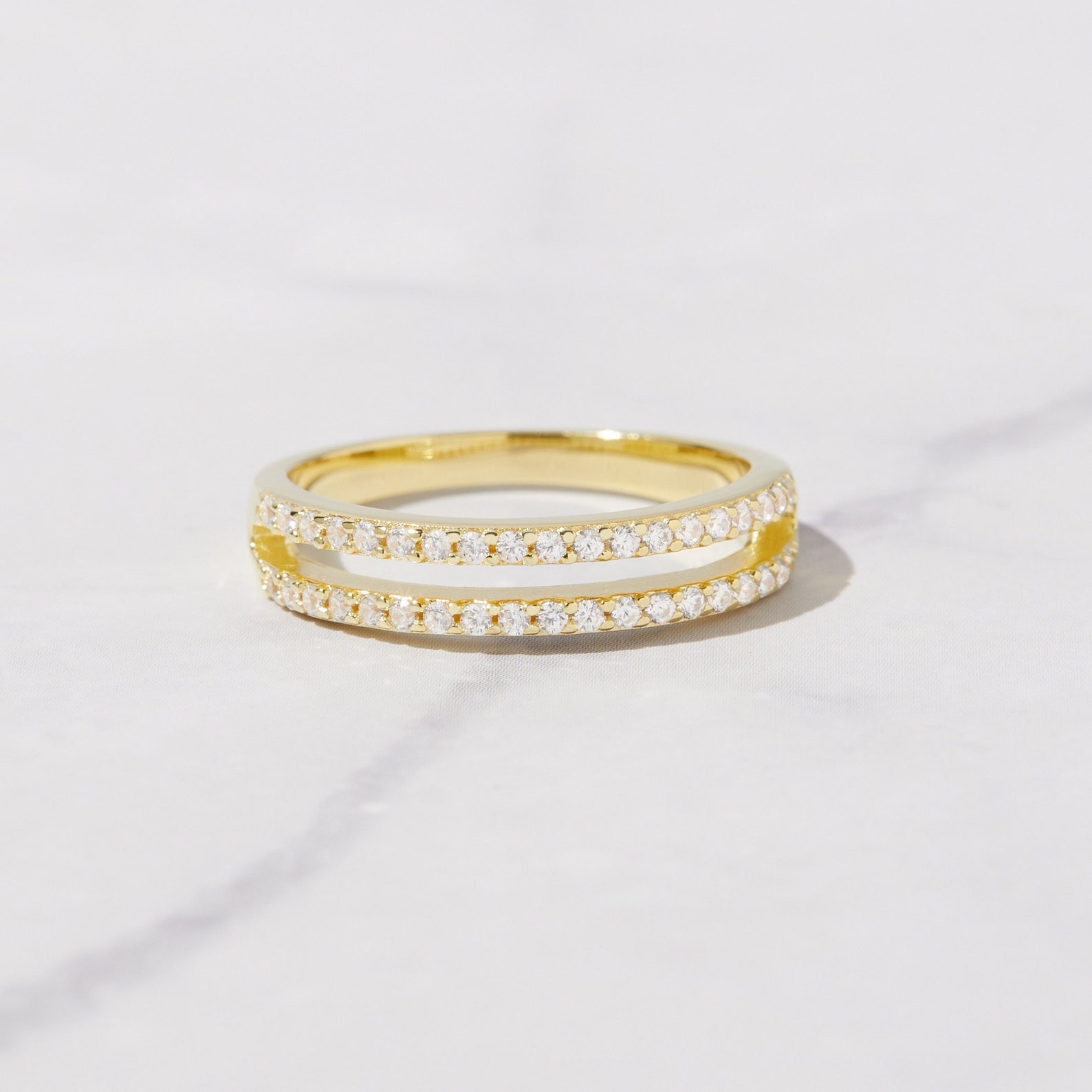 Double Band Ring, Stacking Ring, Diamond Ring, Gold Minimalist Ring ...