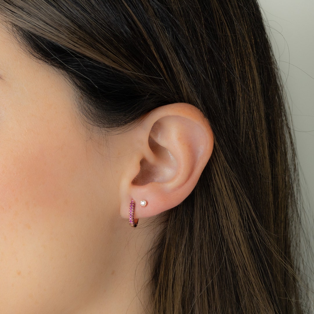 Ruby Earrings, Rose Gold Ruby Huggie Earrings, Small Huggie Hoops, Huggies, Ruby Hoops, Rose ...