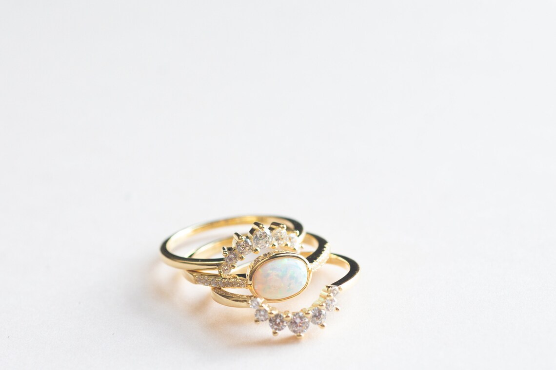 Dainty Opal Ring Opal Stacking Ring White Opal and CZ Ring | Etsy
