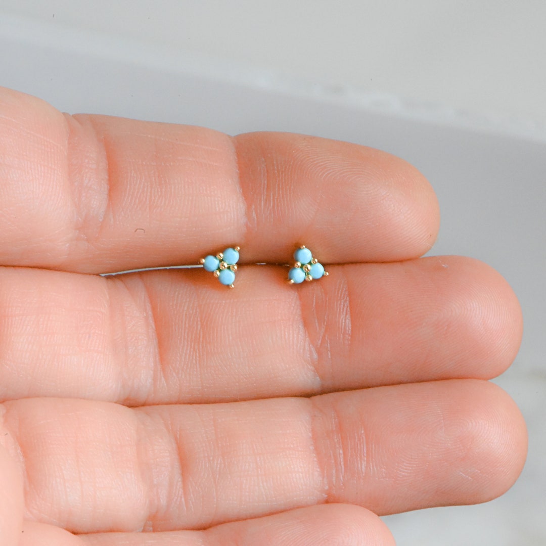 Turquoise Three Stone Stud Earrings, Turquoise Stud Earrings, Tiny Gold ...