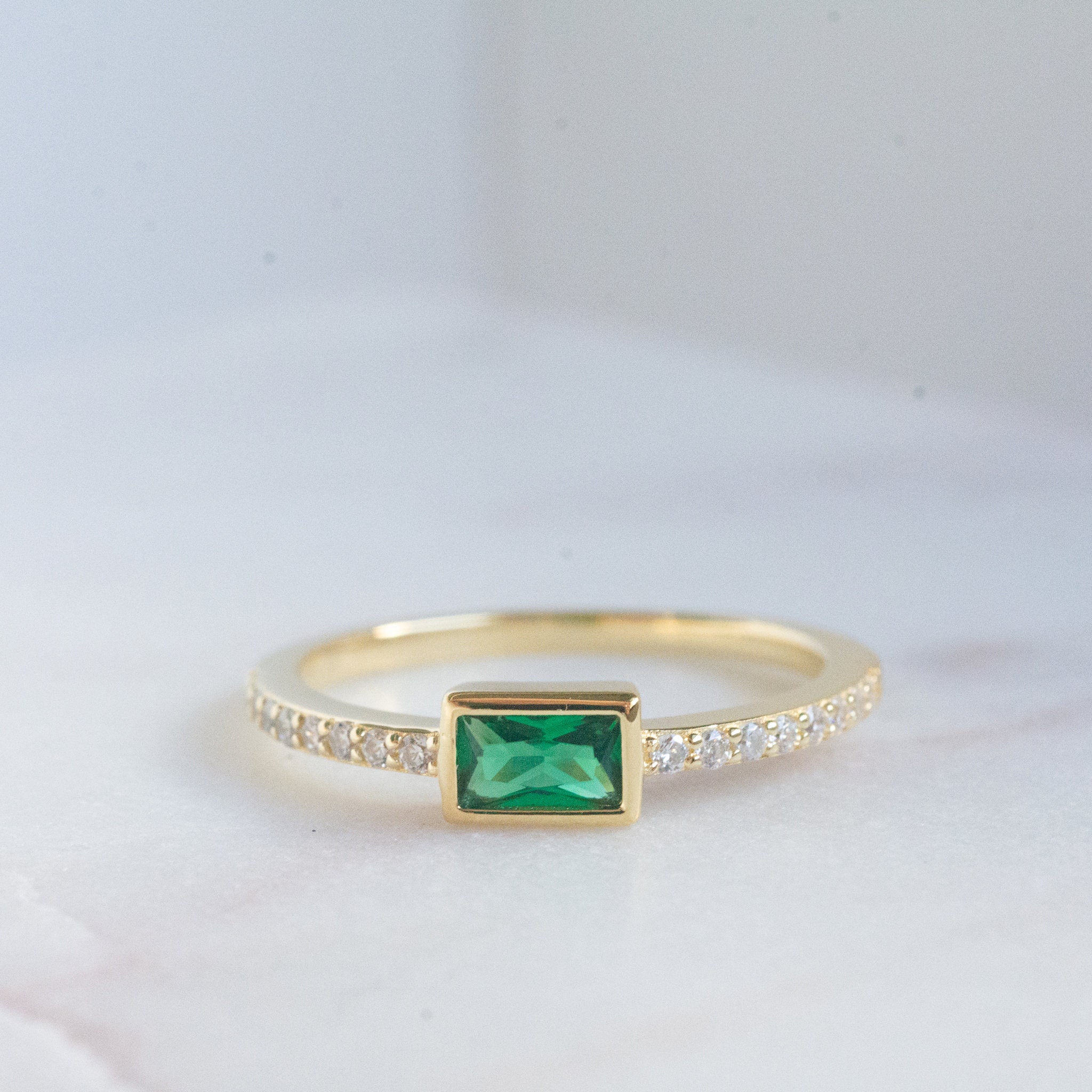 Dainty Simple Emerald Stacking Ring, Baguette Ring, Gold Minimalist ...