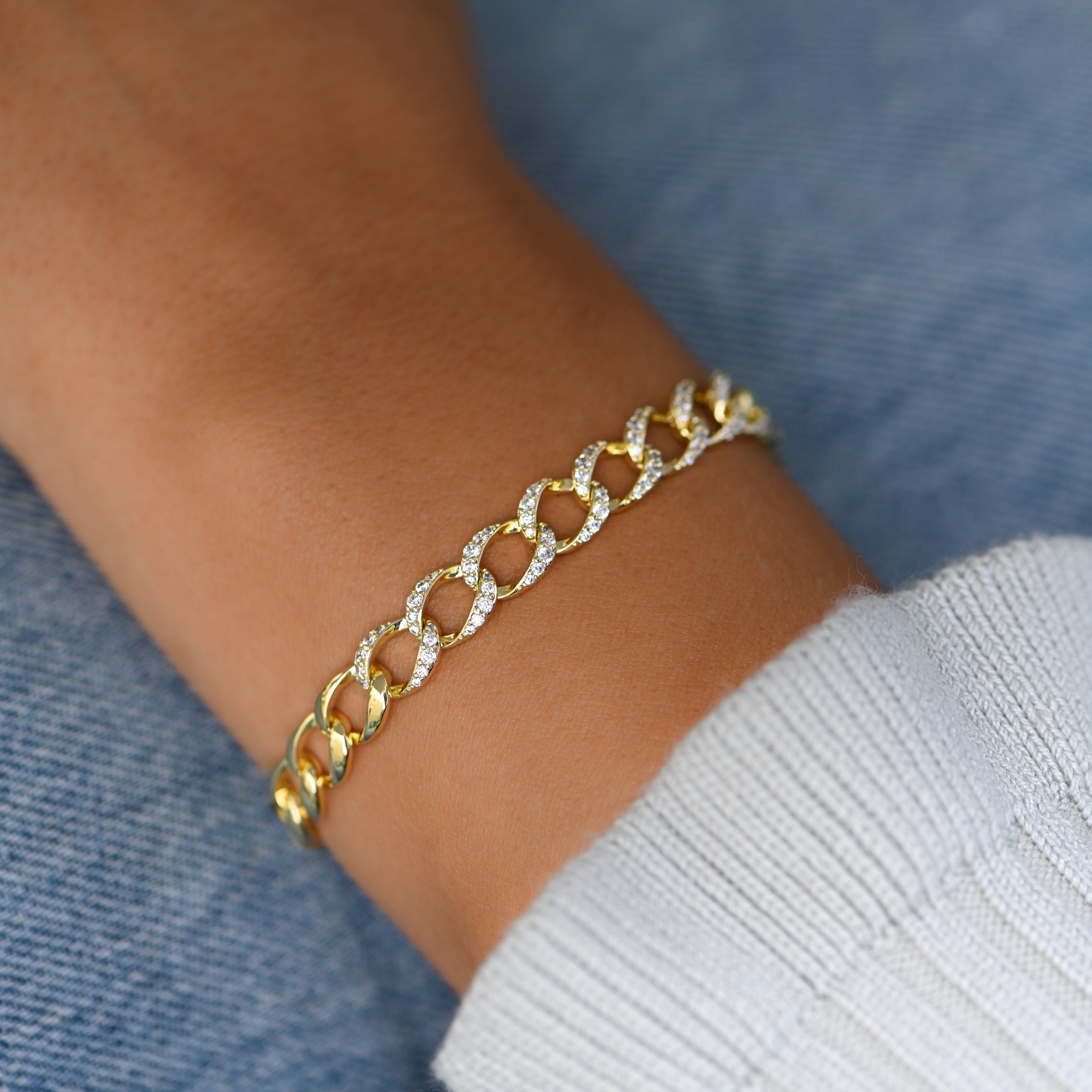 Chain Bracelet Cuban Link Bracelet Pave Cuban Link Curb - Etsy