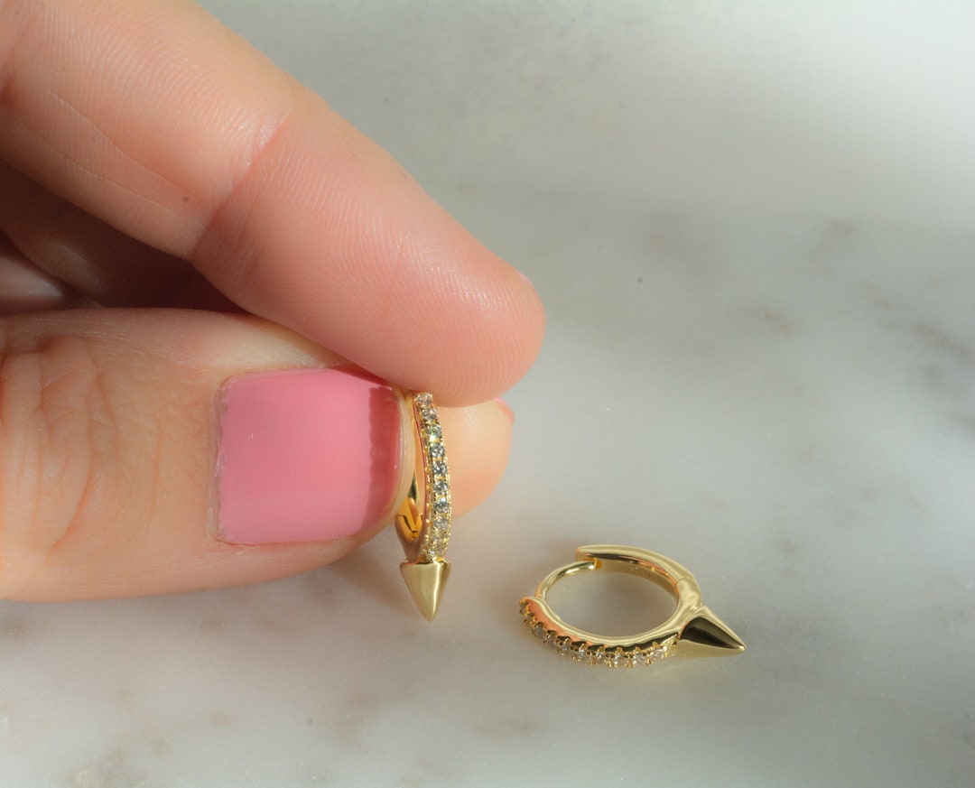 Small Hoops, Huggie Hoops, Spike CZ Hoops, Dainty Earrings, Gold Hoops ...