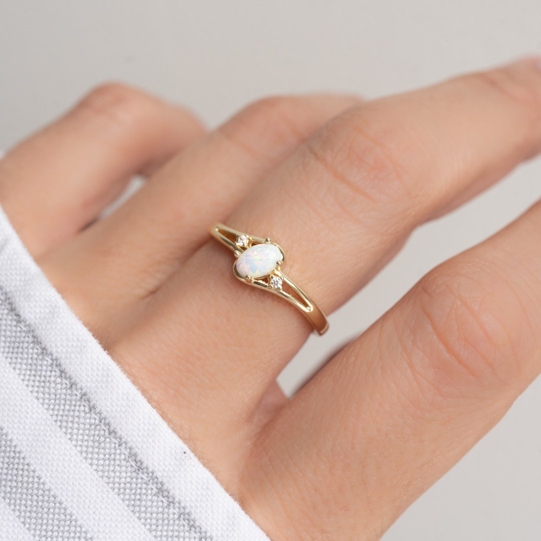 Dainty Opal Ring, Opal Stacking Ring, White Opal and CZ Ring, Gold Opal Ring, Sterling Silver ...
