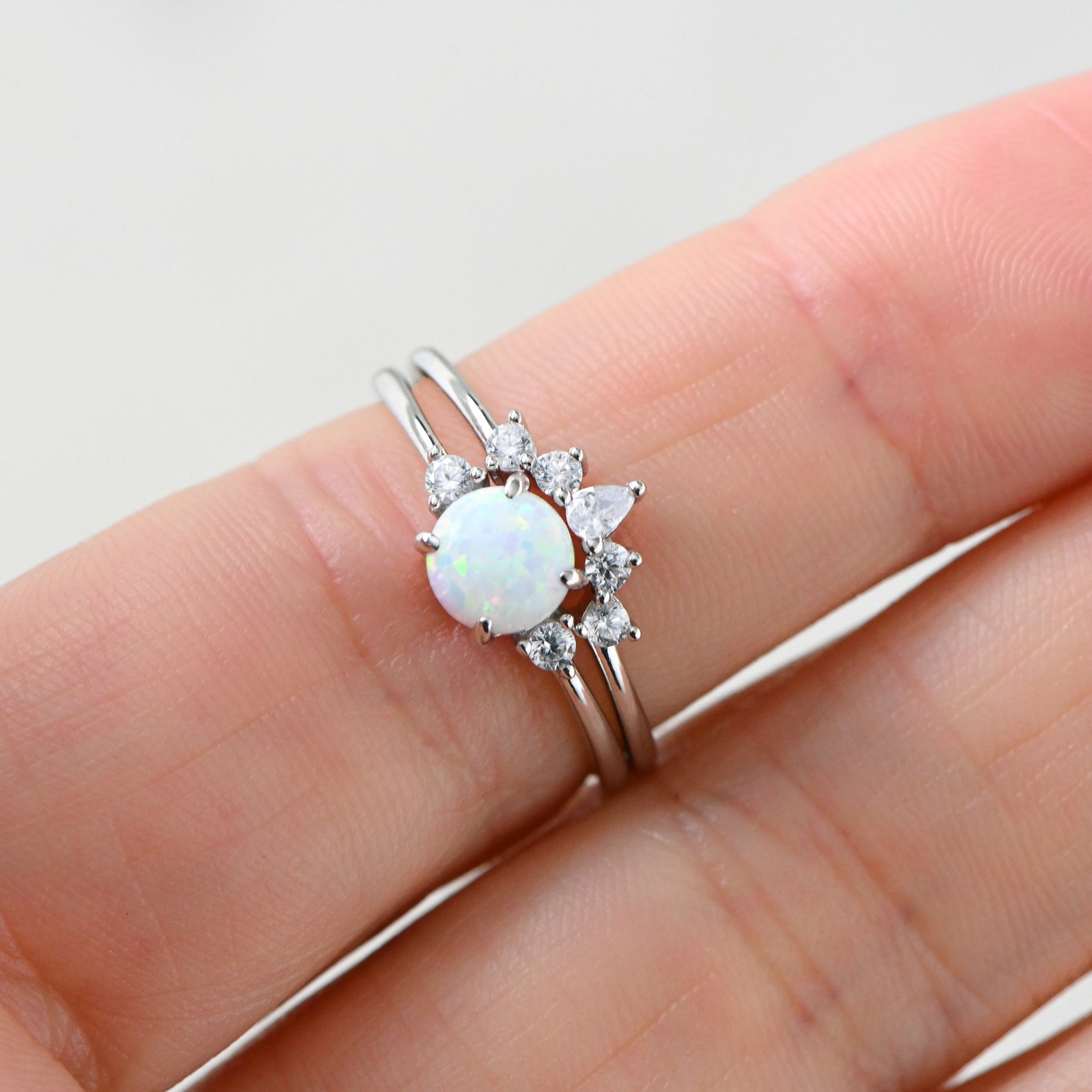 Opal Stacking Ring Set, Dainty Opal Ring, White Opal and CZ Ring, Gold ...