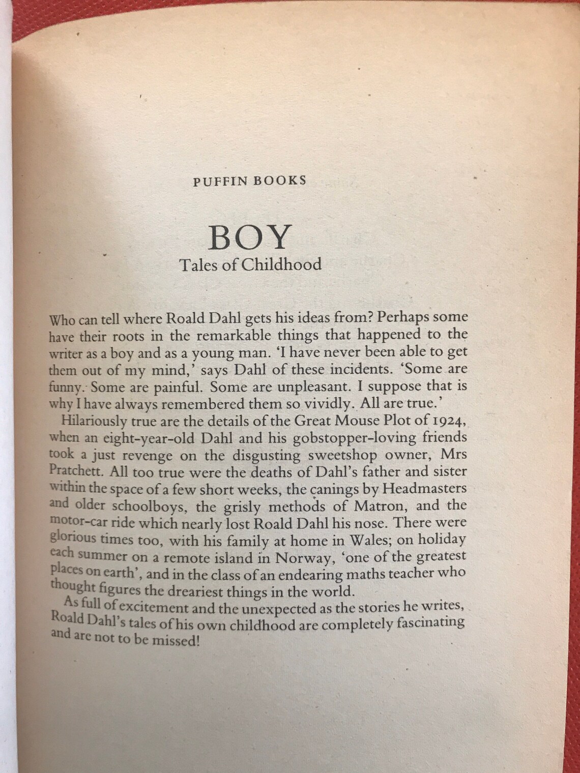 Boy: Tales of Childhood by Roald Dahl Vintage Paperback - Etsy