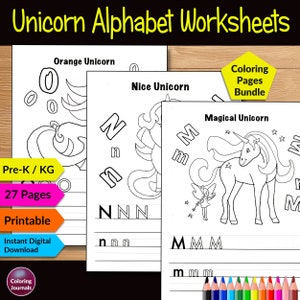 Alphabet Practice Worksheets Unicorn Coloring Pages for Girls Pre-k, KG ...