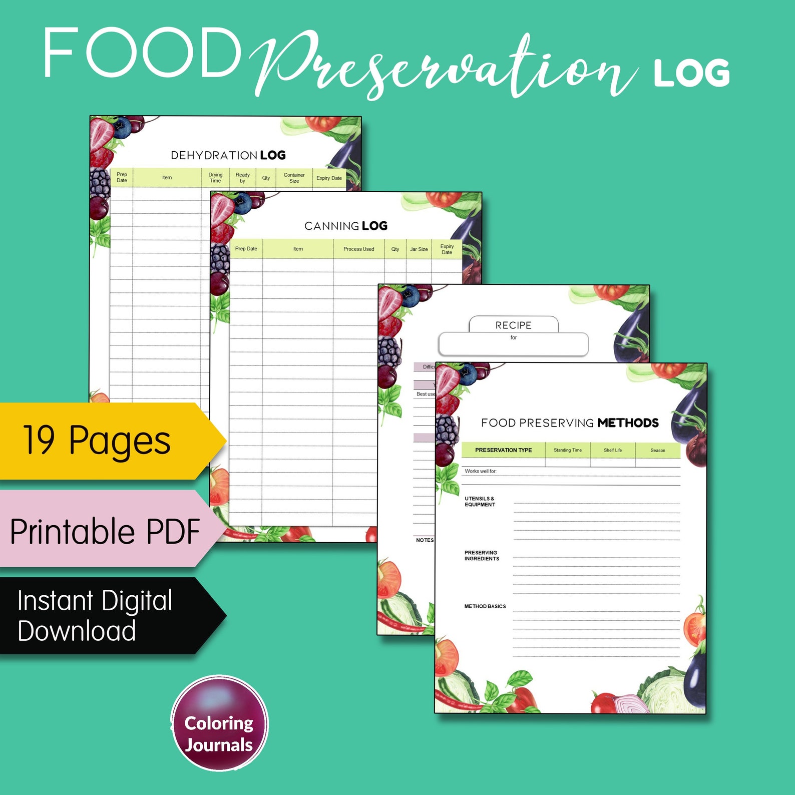 Printable Food Preservation Planner Templates, Food Preservation Log ...