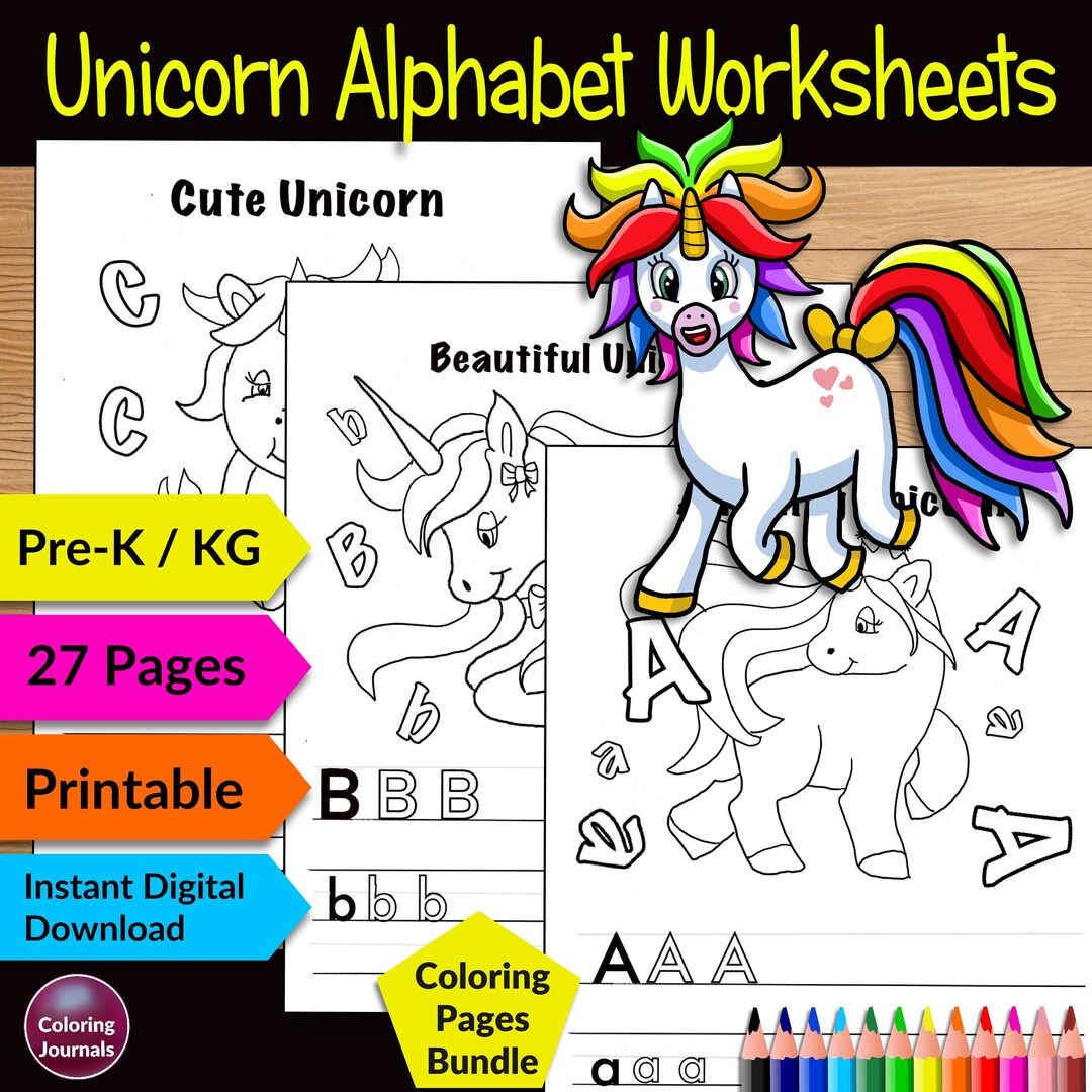 Alphabet Practice Worksheets Unicorn Coloring Pages for Girls Pre-k, KG ...